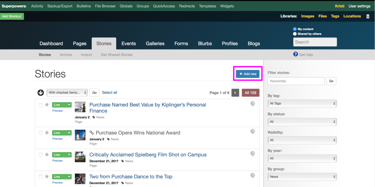 Stories • LiveWhale CMS Help • Purchase College